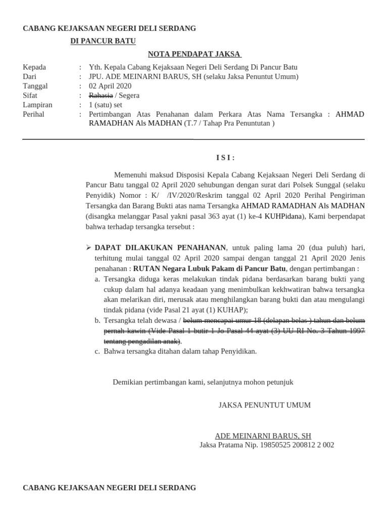Pertimbangan Penahanan Tersangka Deli Serdang | PDF