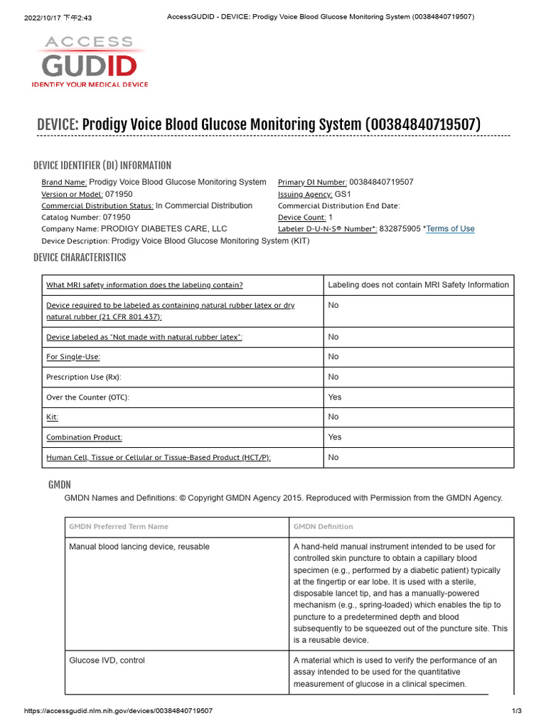 AccessGUDID - DeVICE - Prodigy Voice Blood Glucose Monitoring System ...