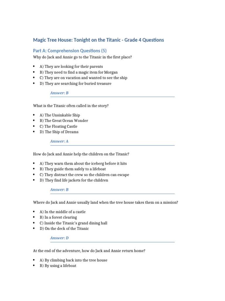Magic Tree House Tonight on the Titanic Questions | PDF