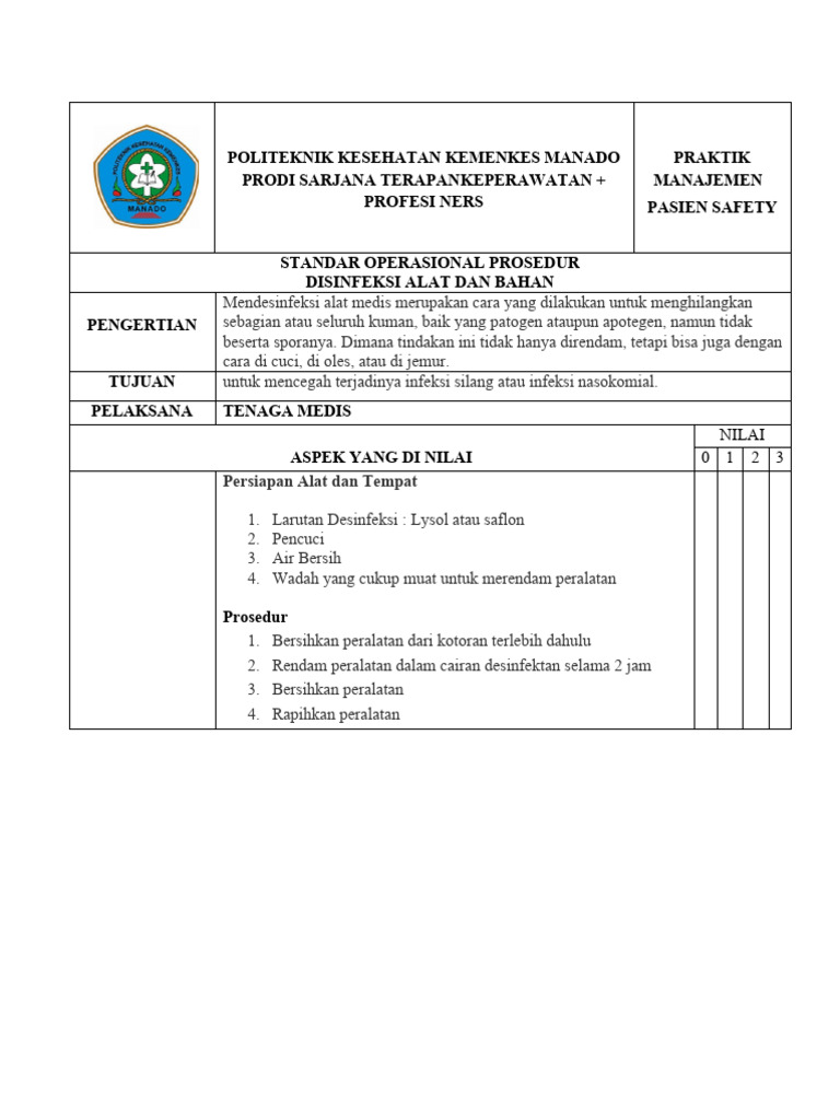 Prosedur Disinfeksi Alat Medis Keperawatan | PDF