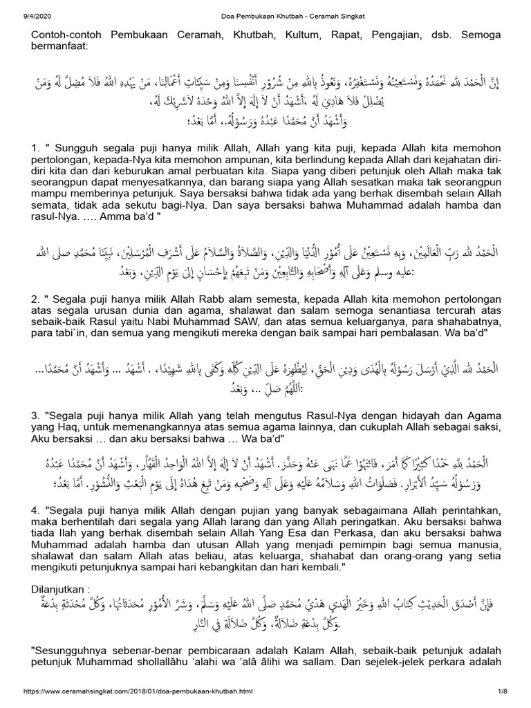 Doa Pembukaan Khutbah - Ceramah Singkat | PDF