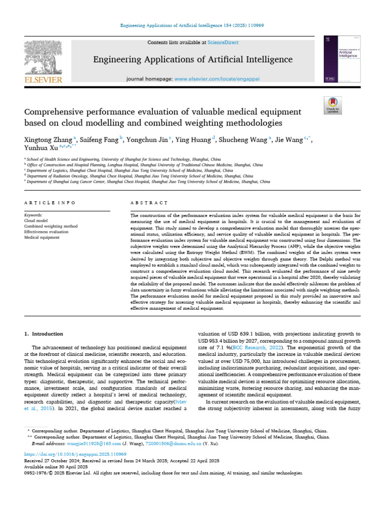 Comprehensive Performance Evaluation of Valuable Medical Equipment ...