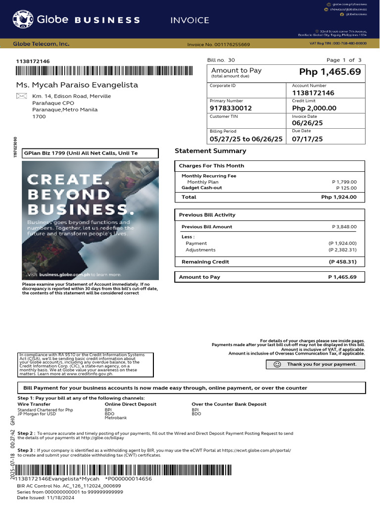 Globe Bill 09178330012 | PDF | Value Added Tax | Taxes