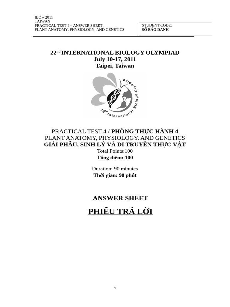 Plant Physiology Anatomy and Genetics-VIE-Answer Sheet | PDF