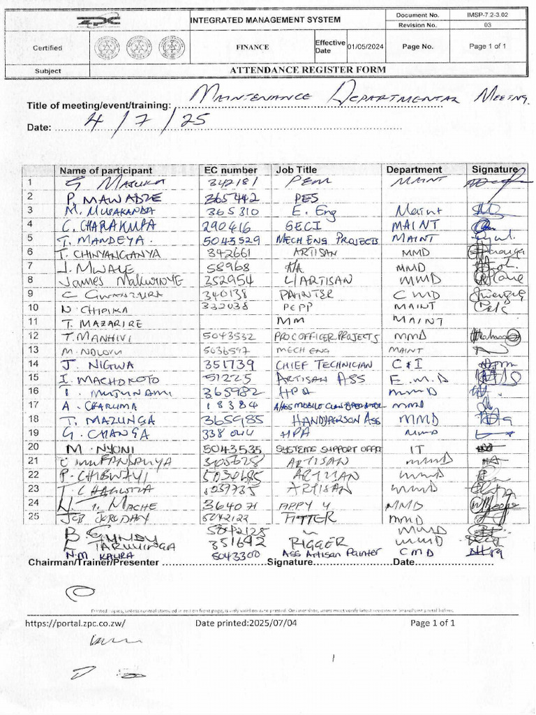 Maintenance Departmental Meeting Attendance Register 04 07 25 | PDF