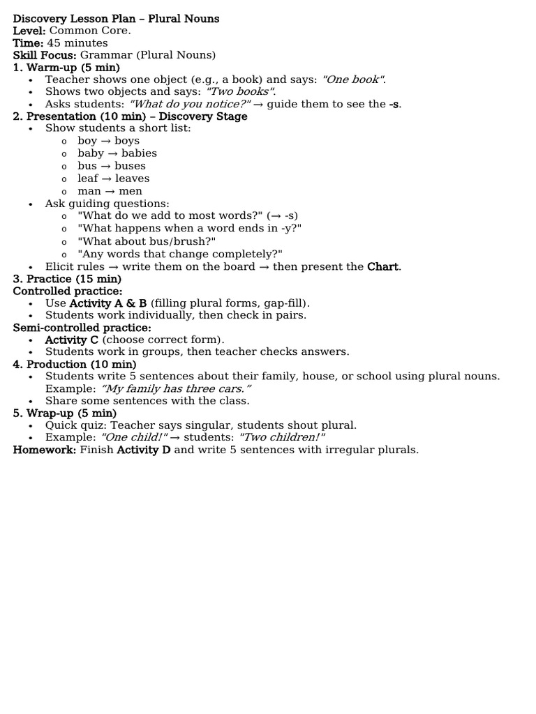 Plurals Discovery Lesson Plan | PDF