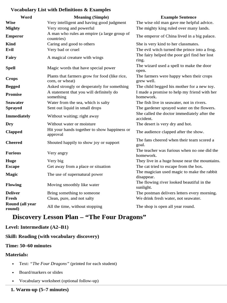 Dragon Vocabulary for Lesson Plan | PDF | Reading Comprehension | Dragon