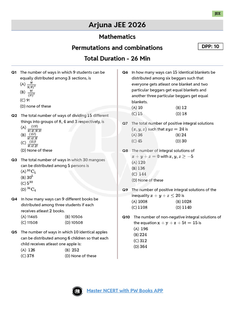 Permutations and Combinations DPP 10 (Of Lec 12) | PDF