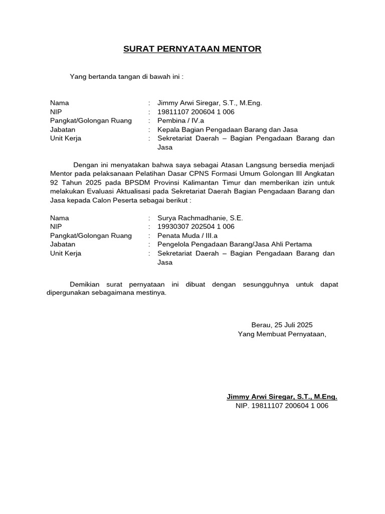 Surat Pernyataan Mentor | PDF