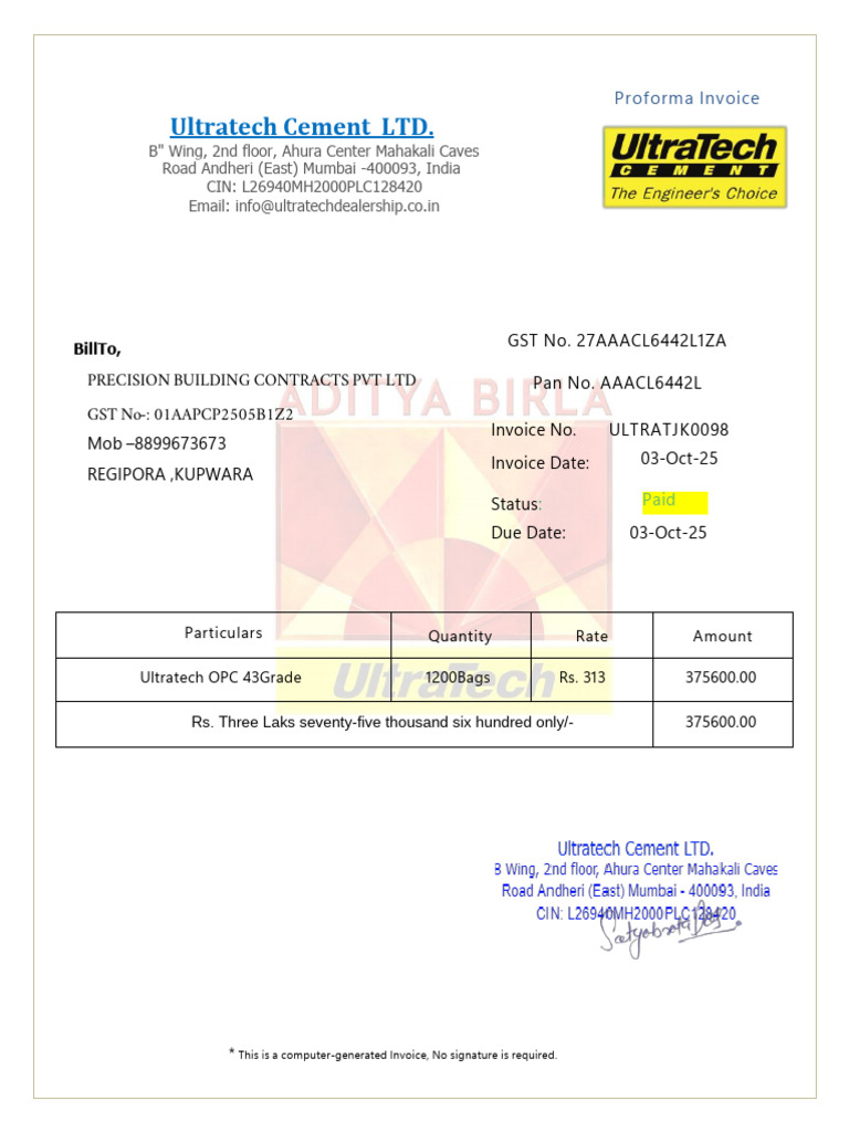 Ultratech Cement Proforma Invoice ULTRATJK0098 | PDF