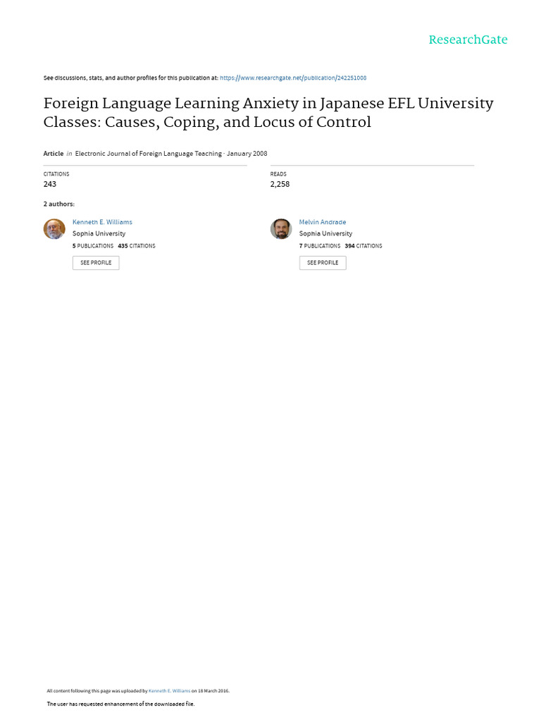 Foreign Language Learning Anxiety in Japanese EFL | PDF | Anxiety ...
