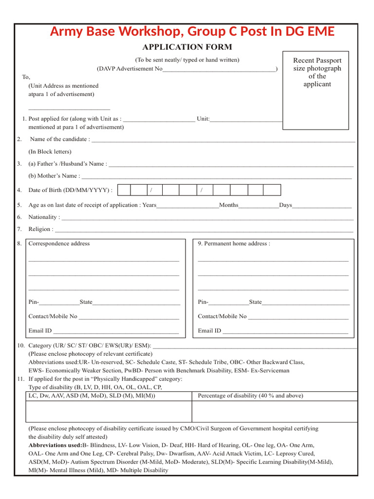 Army DG Eme Group C Form PDF 2025 01 10 02 38 22 | PDF | Identity Document