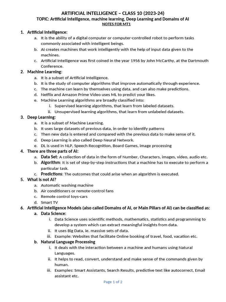 AI Concepts for Class 10 Students | PDF | Machine Learning | Artificial ...