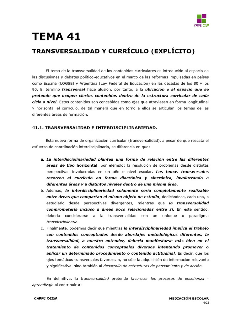 41 Transversalidad y Curriculo | PDF | Plan de estudios | Educación en ...