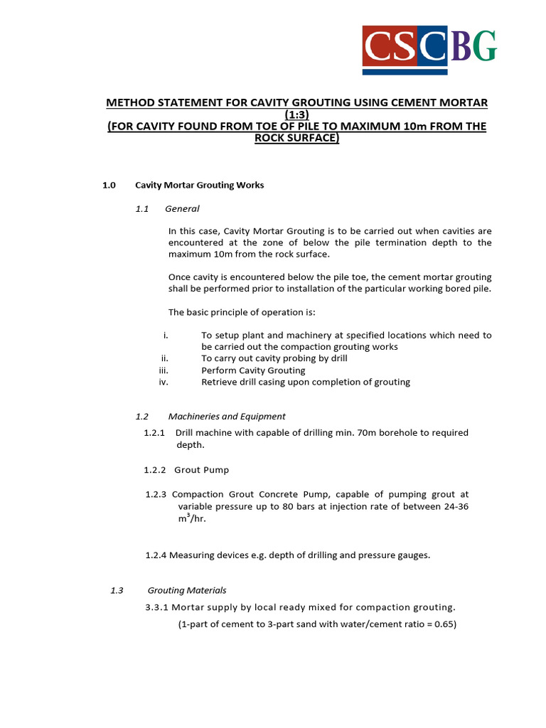 Method Statement of Cavity Grouting Using Cement Mortar 1-3 (BELOW PILE TOE) | PDF | Casing ...