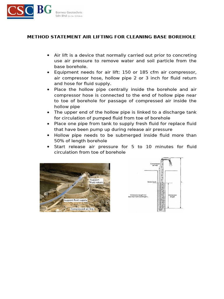 Method Statement Air Lifting For Cleaning Base Borehole | PDF