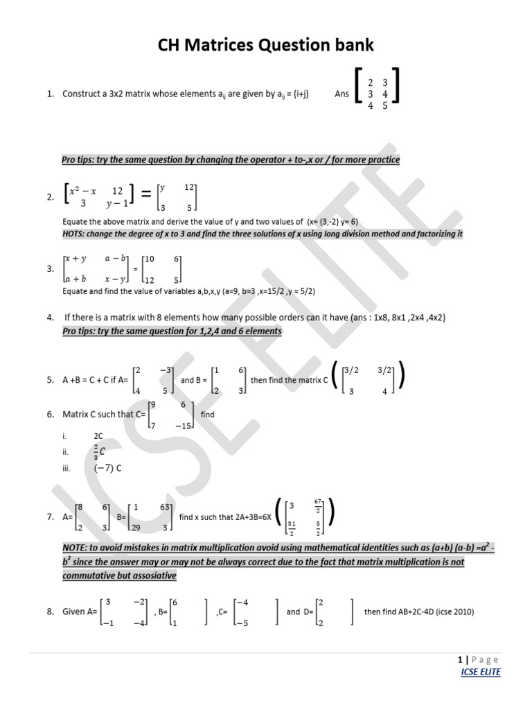 Matrices Clas 10 Icse Elite | PDF | Matrix (Mathematics) | Multiplication