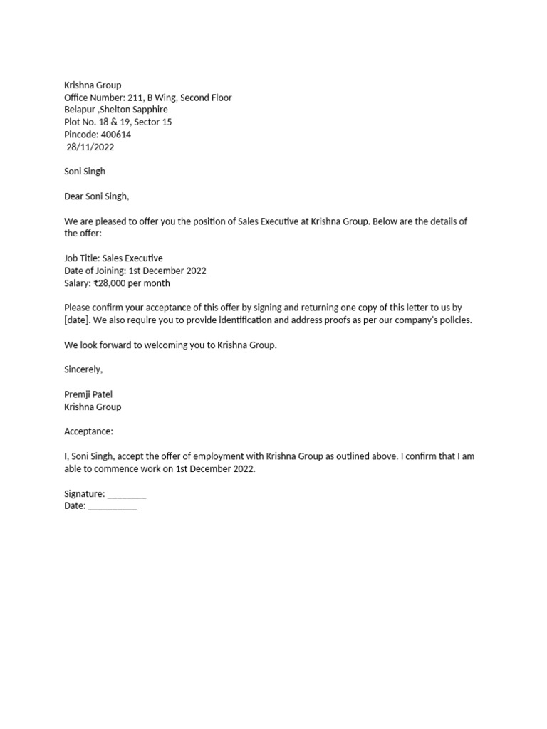Krishna Group Offer Letter | PDF