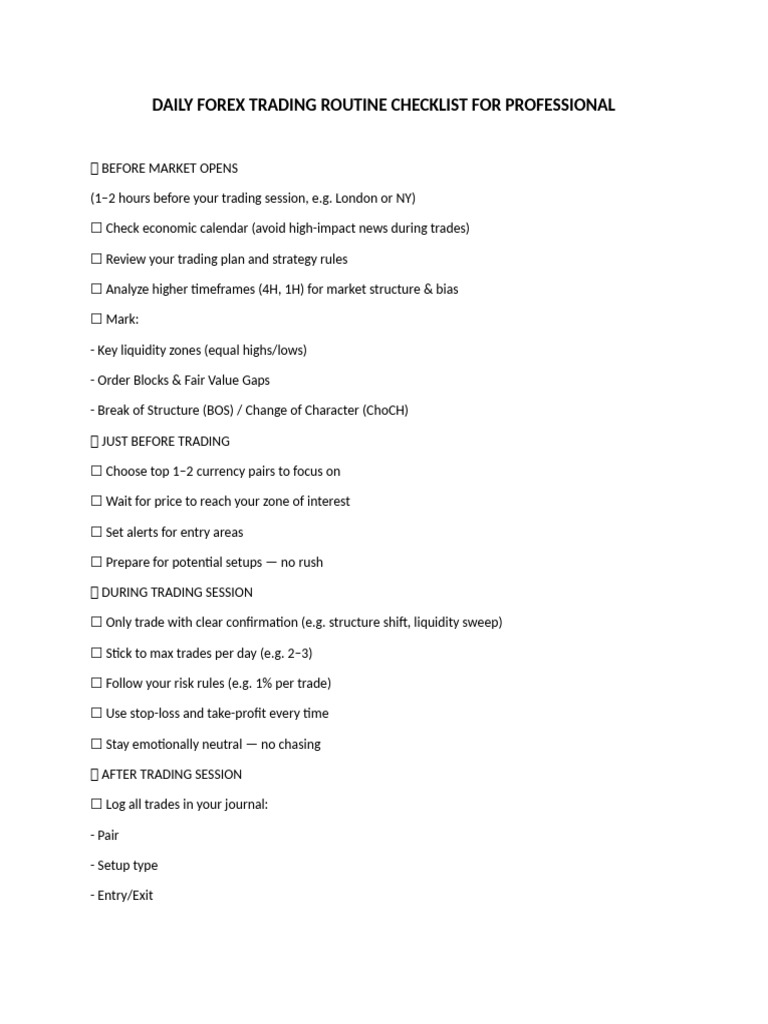 Daily Forex Trading Routine Checklist For Professional 3 | PDF
