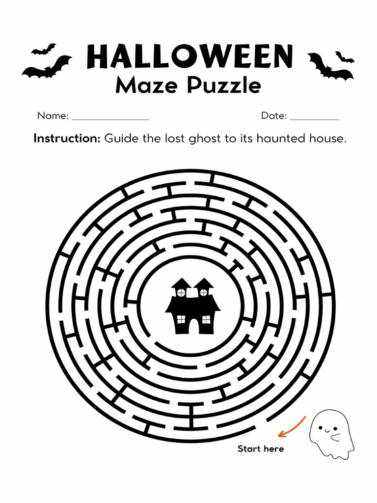 Halloween Maze Puzzles Worksheet in Black and White Cute Style | PDF