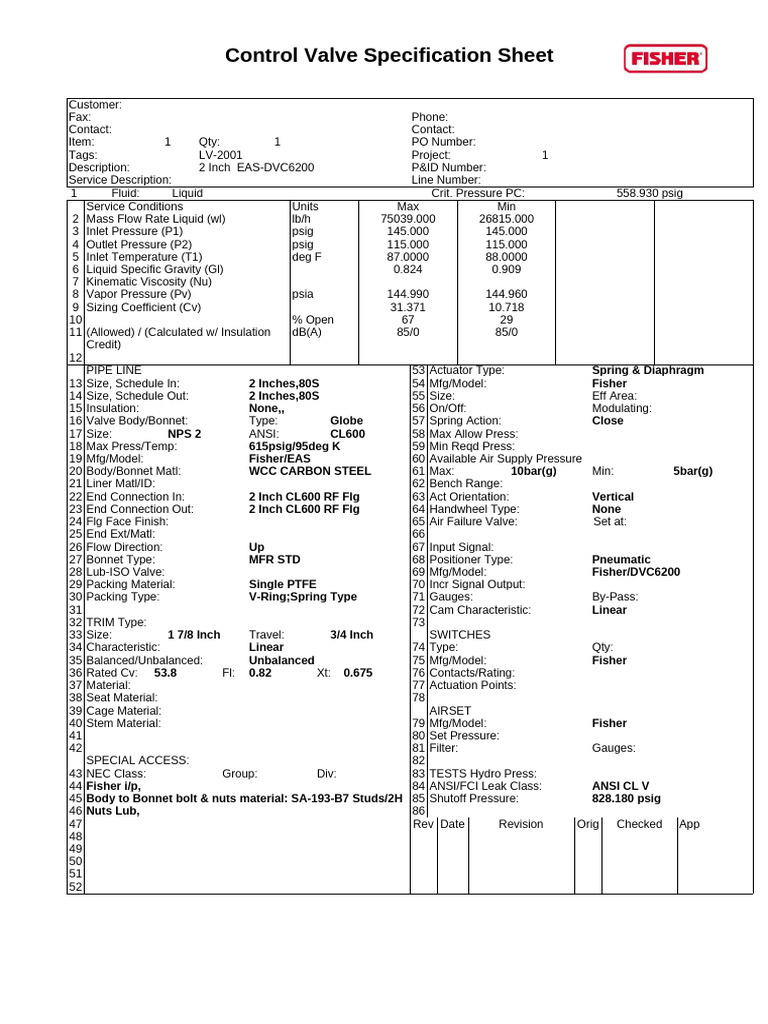Control Valve Specification Sheet | PDF | Valve | Pressure