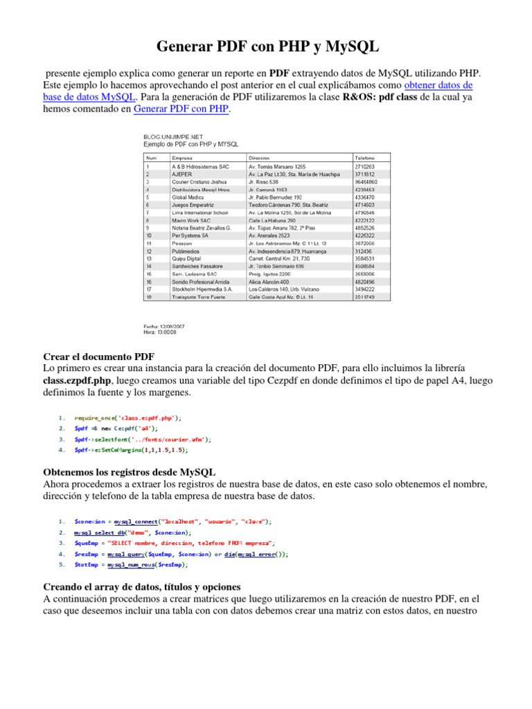 Generar PDF Con PHP y MySQL | PDF | Formato de Documento Portable | Tabla (base de datos)