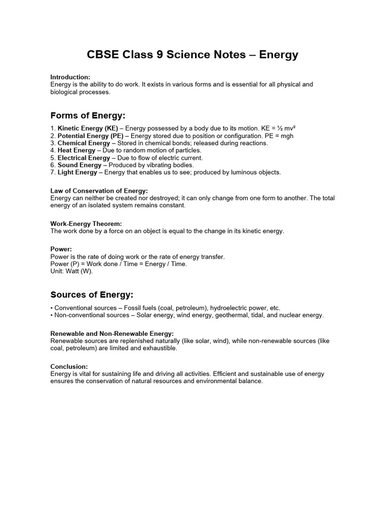 CBSE Class9 Science Energy Notes | PDF