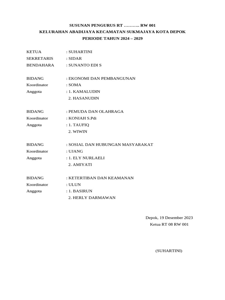 Pengurus RT RW 001 Abadijaya 2024-2029 | PDF