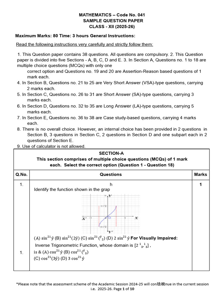 2025-26 CBSE 12 Maths SQP | PDF | Matrix (Mathematics) | Function (Mathematics)