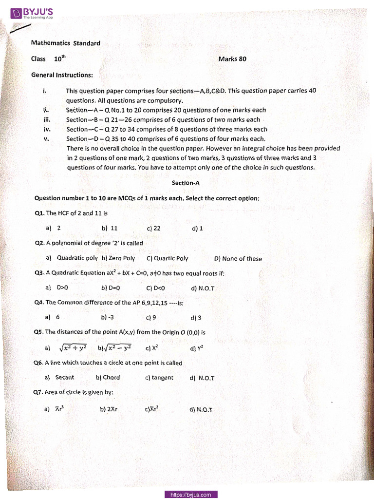 JKBOSE Class 10 Maths Standard Model Paper | PDF