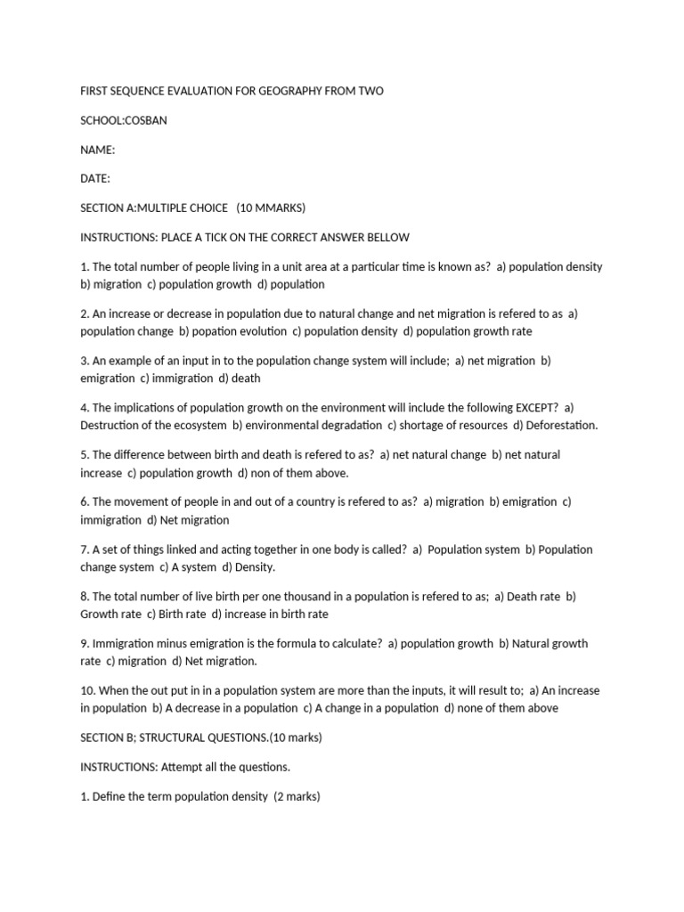 Geography Population Evaluation Quiz | PDF