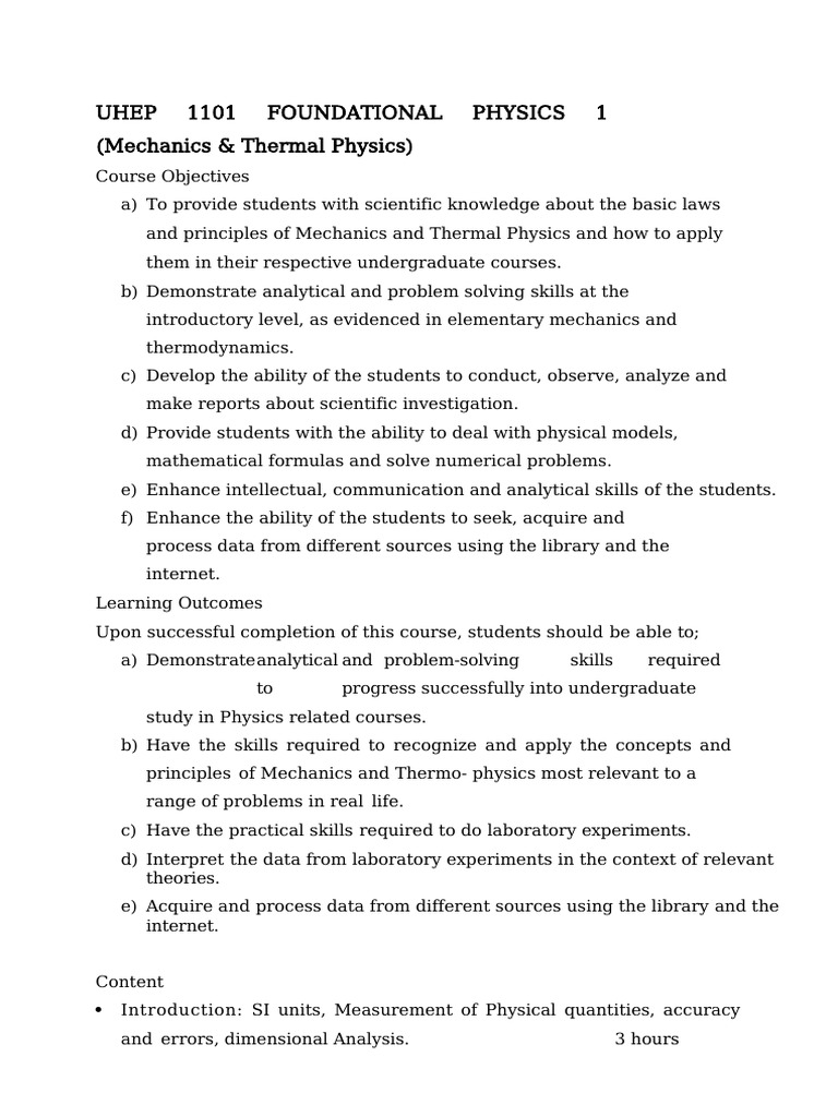 Course Outline For Foundational Physics 1 | PDF | Heat | Force