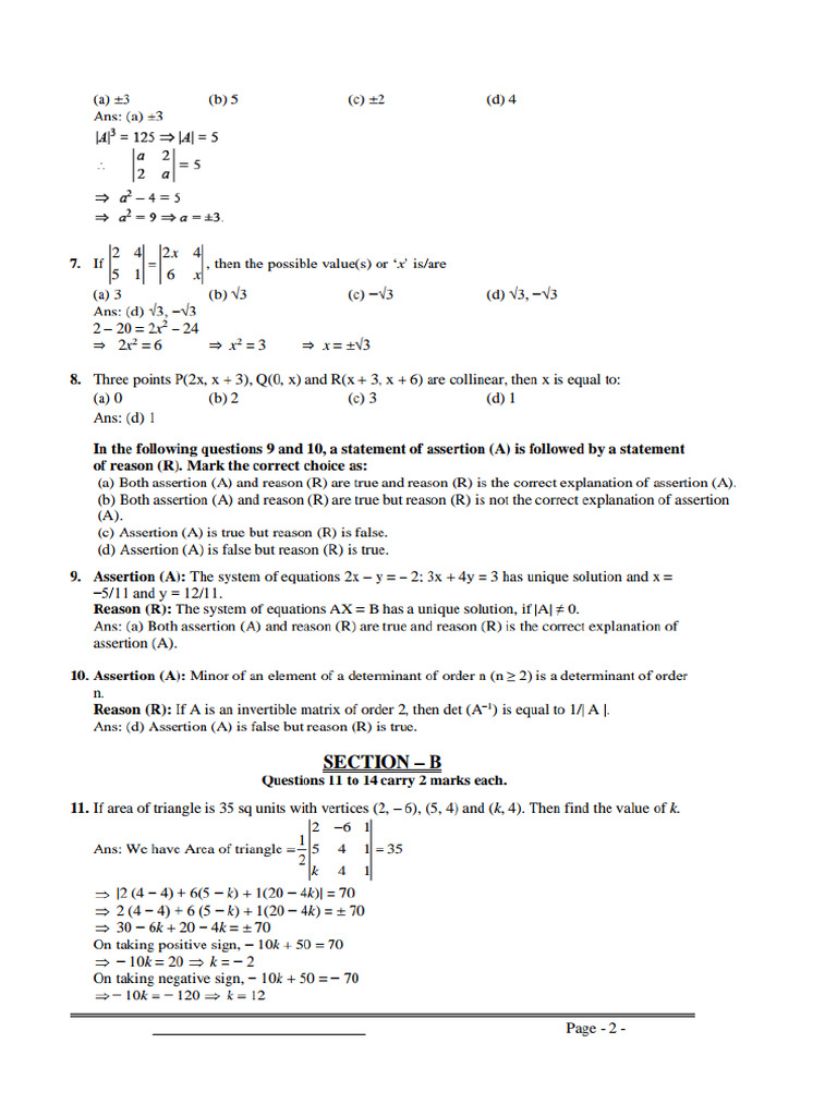 Maths Class Xii Chapter 04 Determinants Practice Paper 04 2024 Answers (1) (1) | PDF