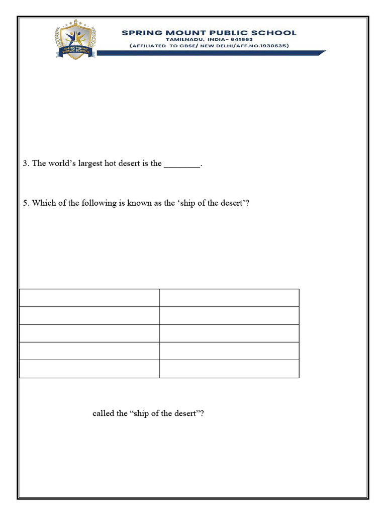 Thar Desert Worksheet for Grade 5 | PDF
