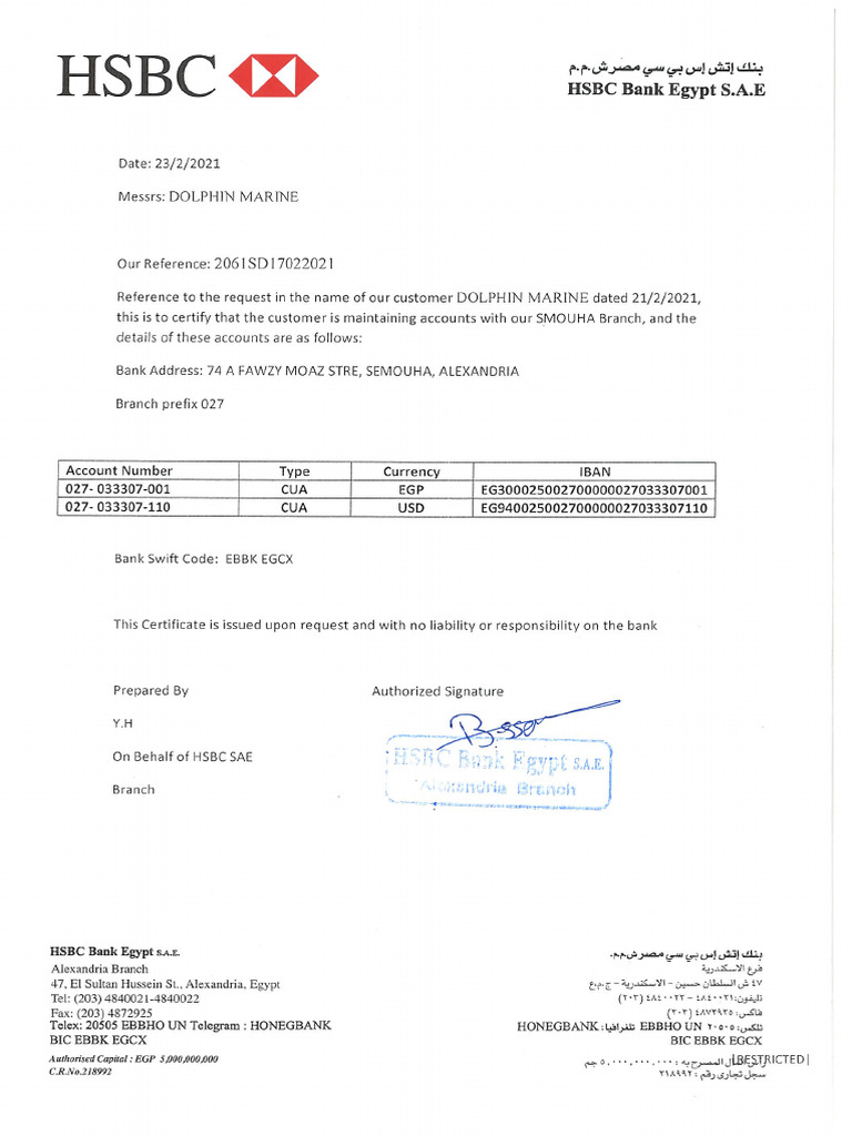 Bank Details Dolphin Marine - Z HSBC | PDF