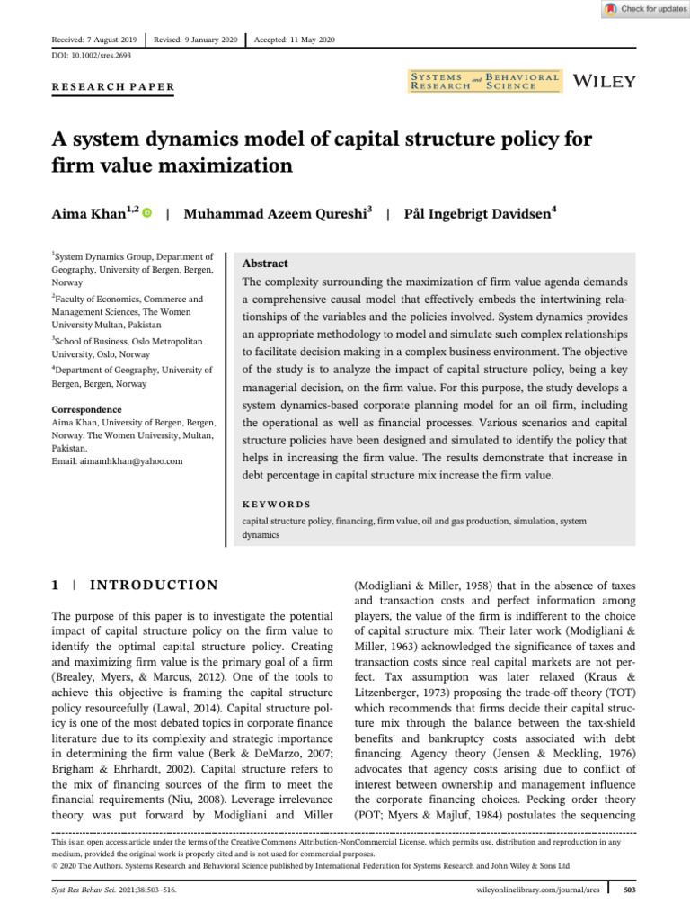 A System Dynamics Model of Capital Structure Policy For Firm Value ...