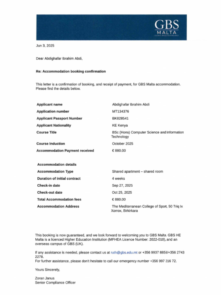 Accommodation Confirmation Letter | PDF