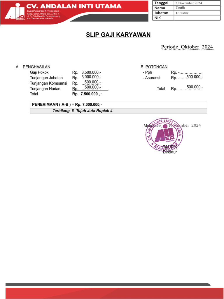 Slip Gaji Karyawan CV. Andalana Inti Utama | PDF