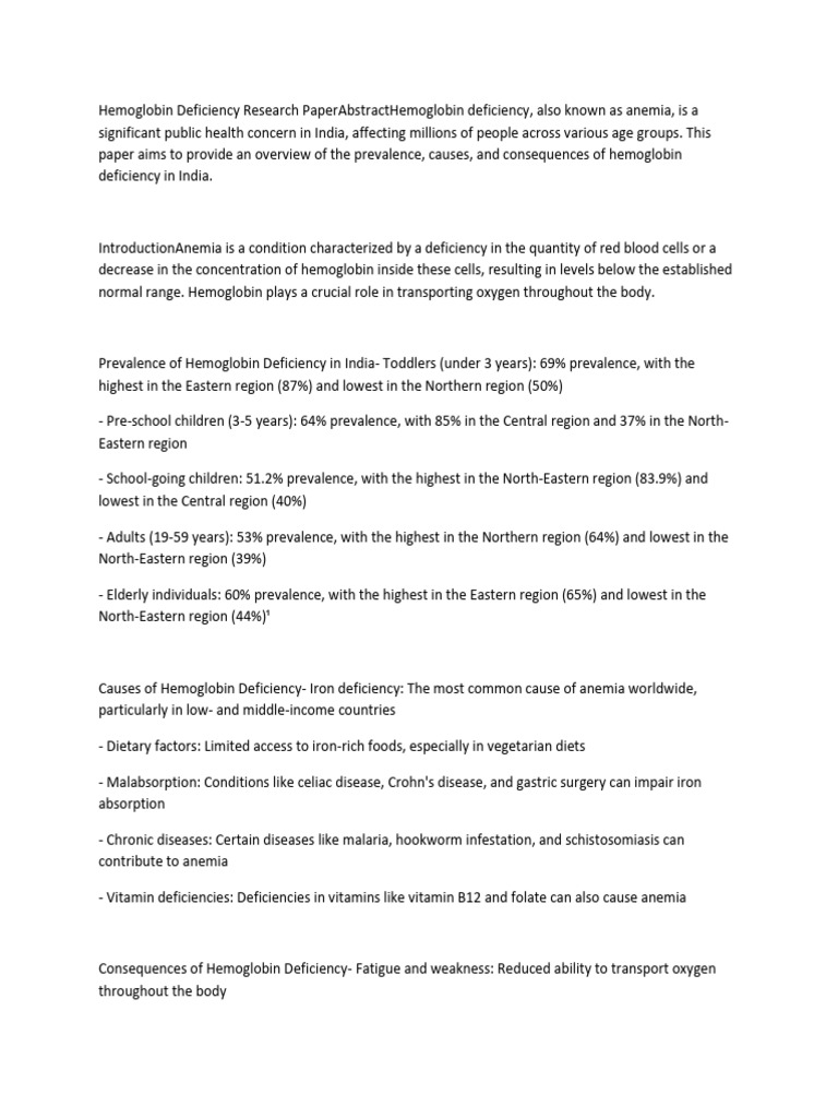 Hemoglobin Deficiency Research PaperAbstractHemoglobin Deficiency | PDF ...