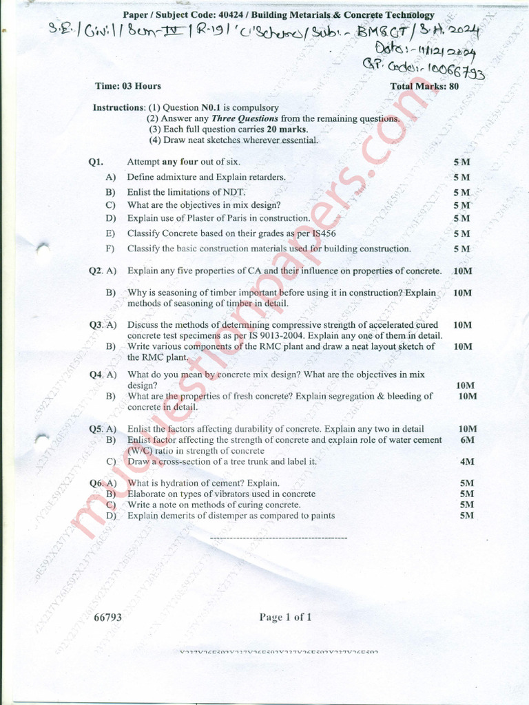Be Civil Engineering Semester 4 2024 December Building Materials ...