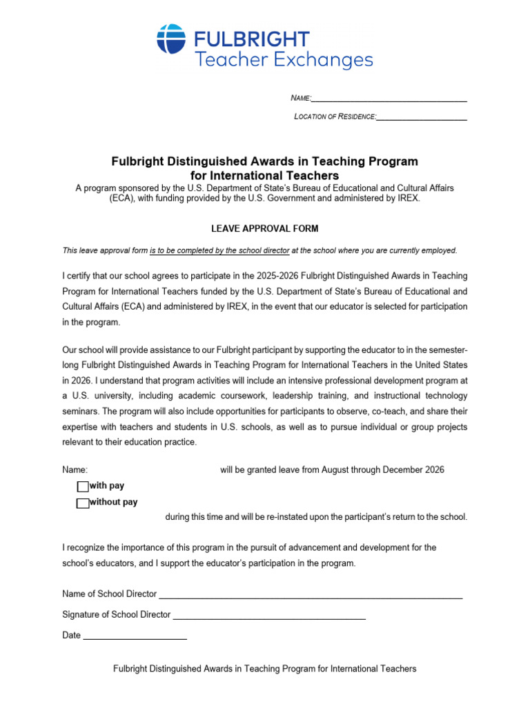 Fulbright Teaching Program Leave Approval Form | PDF | Educational ...