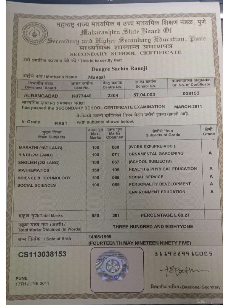 SSC Mark Sheet | PDF