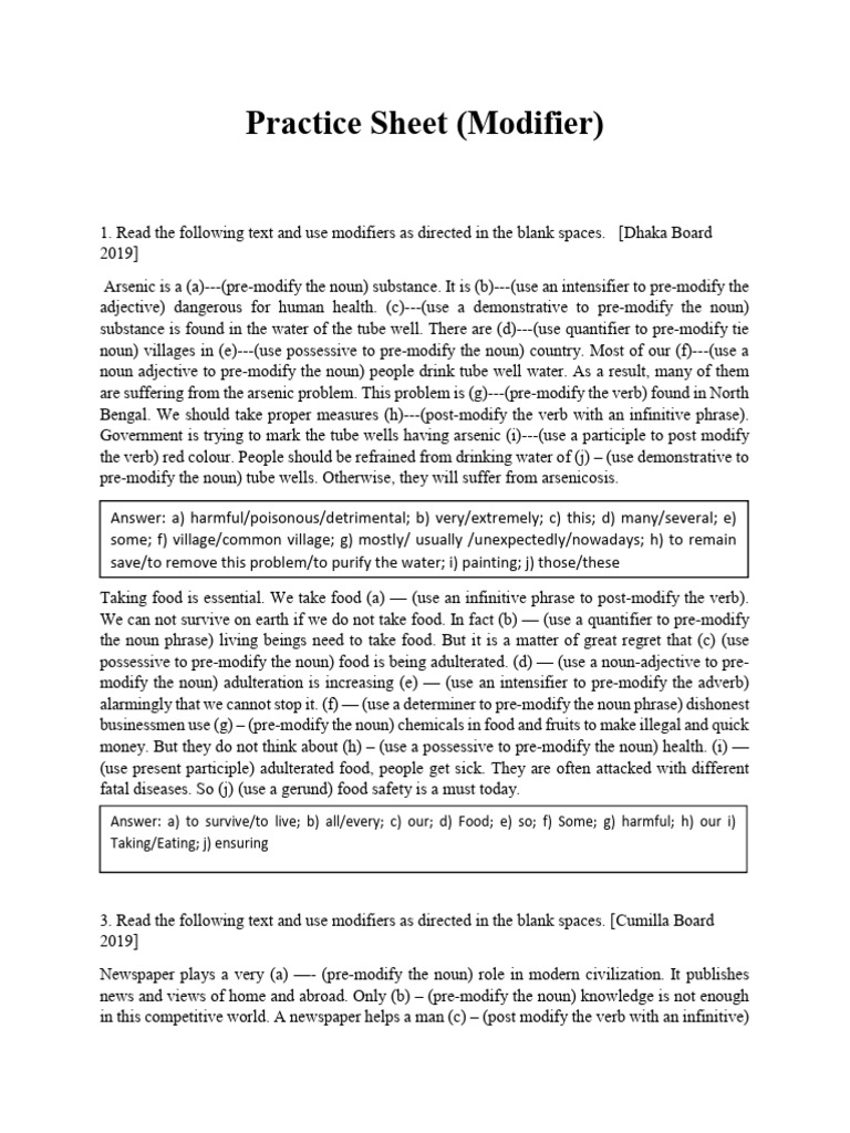 Practice Sheet For Modifiers Asif Sir 1 | PDF | Verb | Adjective