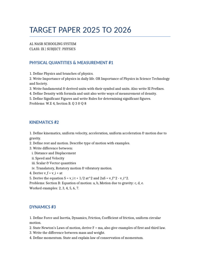 Class IX Physics Target Paper 2025-2026 | PDF | Force | Acceleration