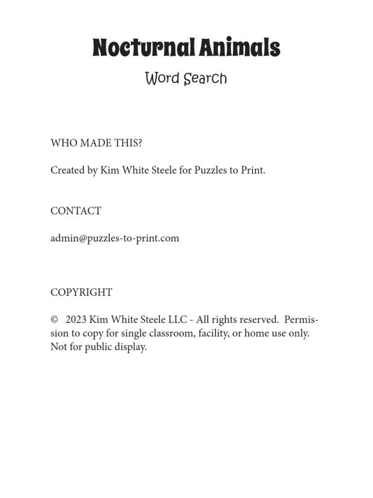Nocturnal Animals Word Search | PDF | Word Search | Word Puzzles
