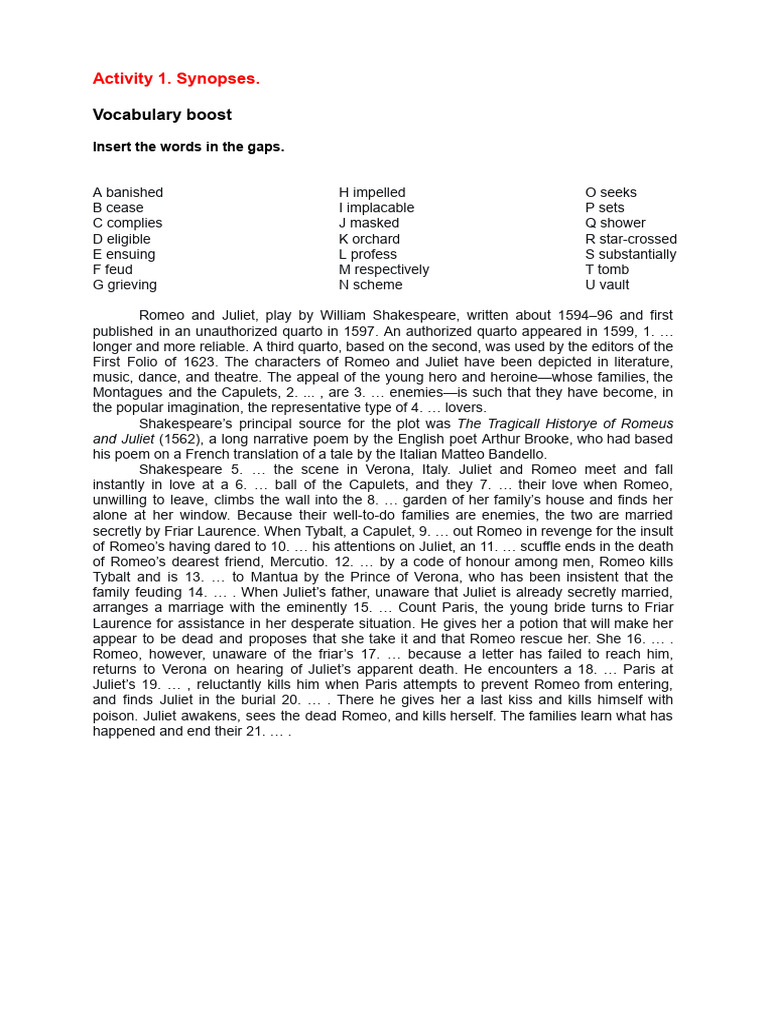Romeo and Juliet. Activity 1 | PDF | Characters In Romeo And Juliet ...