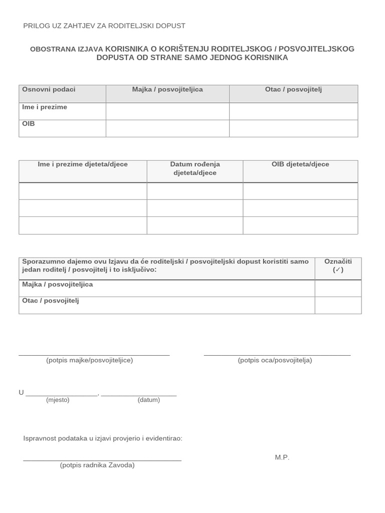 Obostrana Izjava Korisnika o Korištenju Roditeljskog Posvojiteljskog ...
