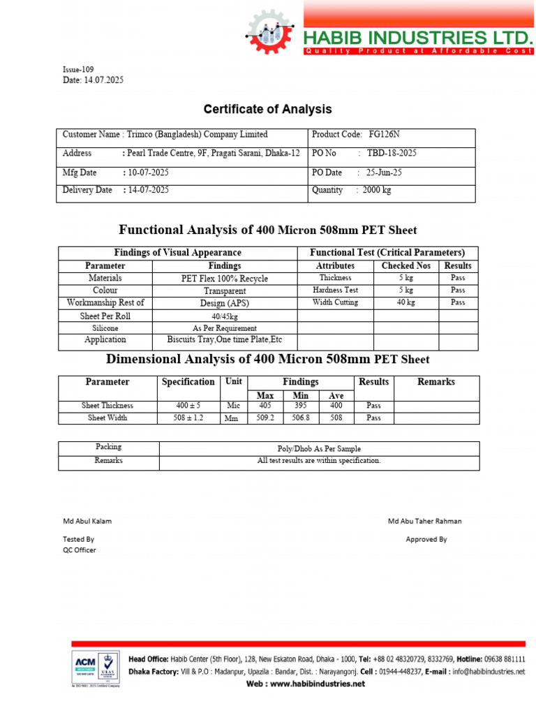 PET Sheet Trimco BD COA | PDF