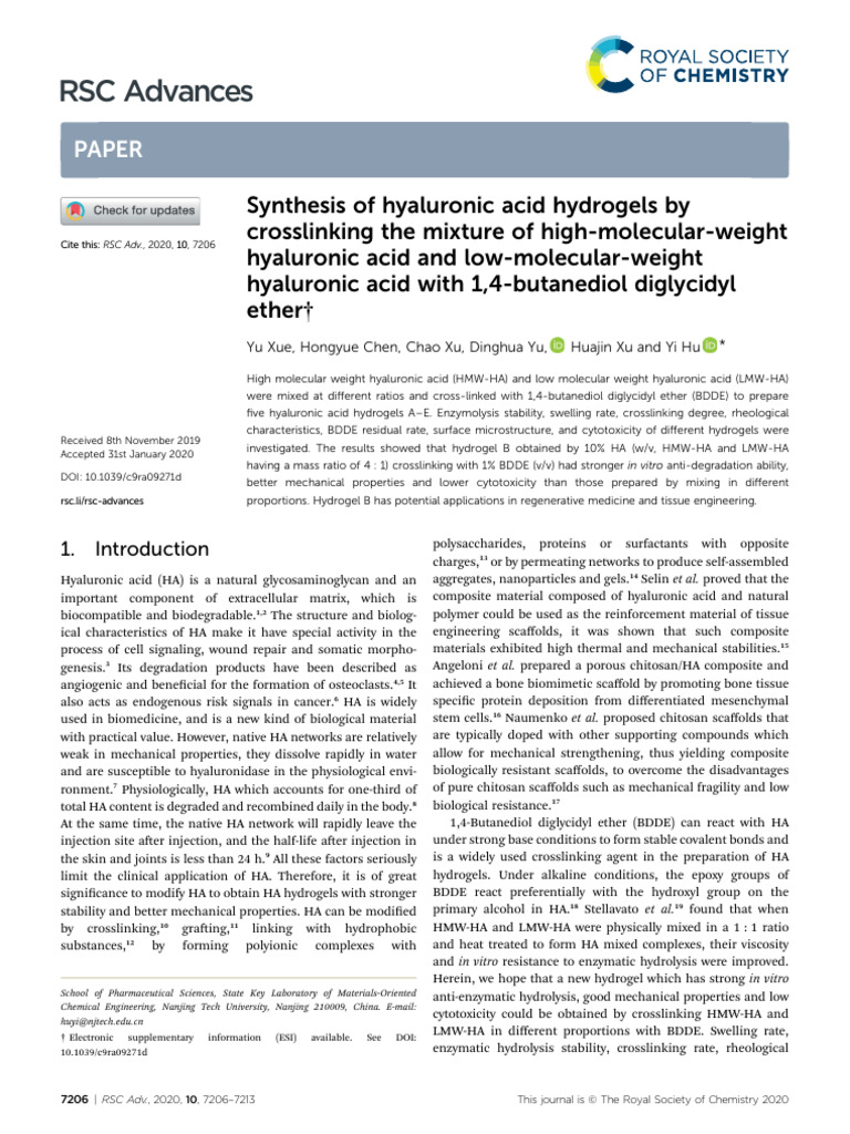 Synthesis of Hyaluronic Acid Hydrogels by Crosslin | PDF | Tissue ...