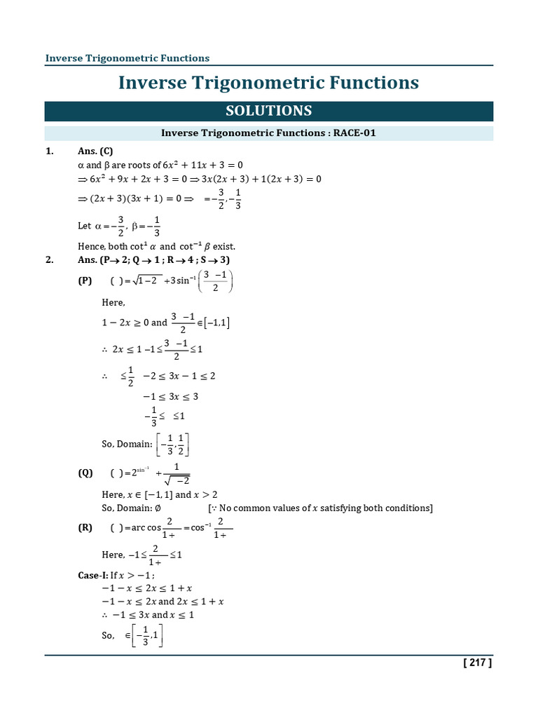 Solutions RACE - Inverse Trigonometric Functions | PDF | Trigonometric ...